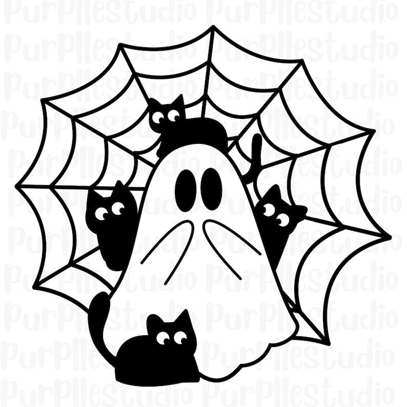 Halloween Ghosts With Black Cat in Spider Web Clipart,cute Ghost ...
