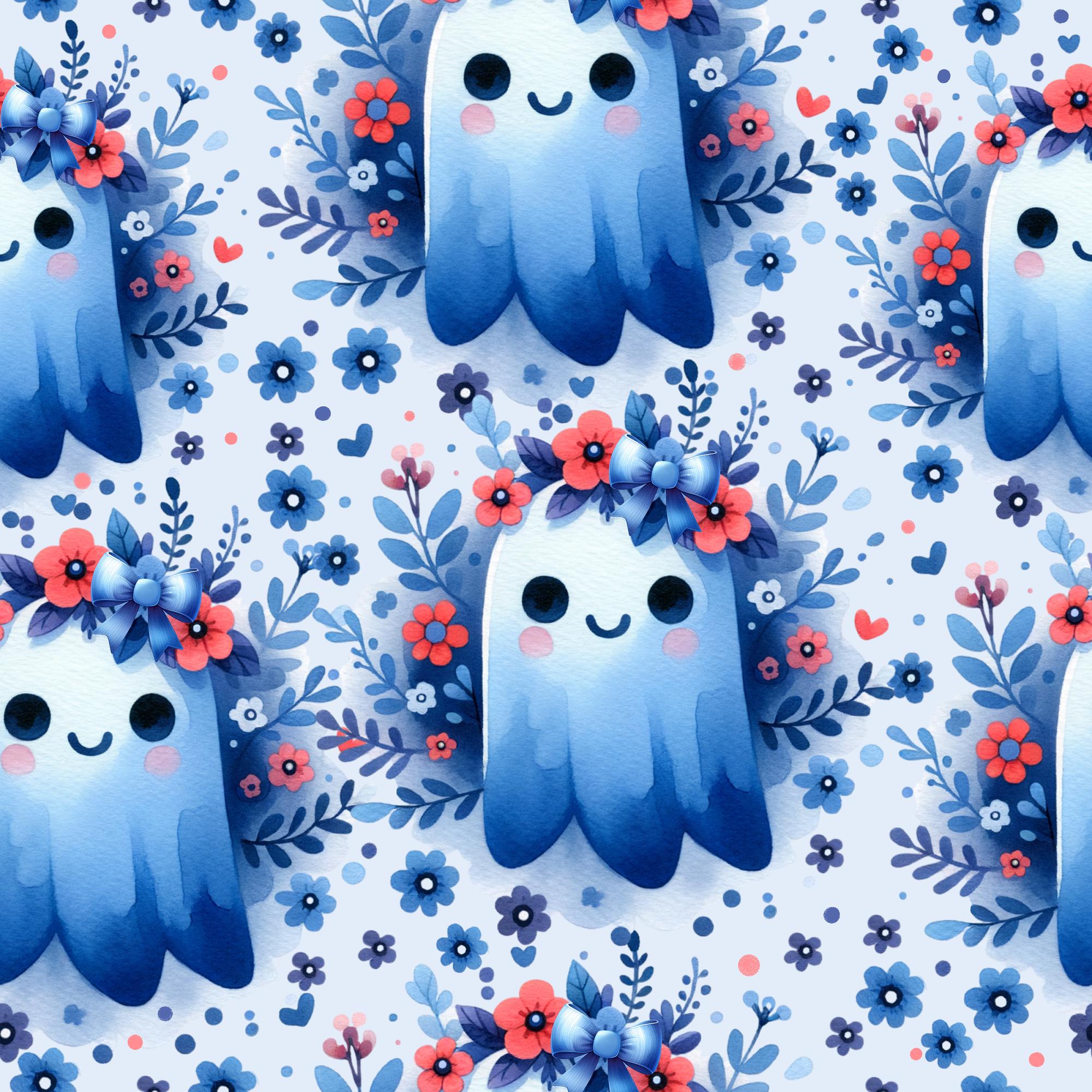 Cute Halloween Watercolor Blue Ghost With Flowers Repeating Pattern ...