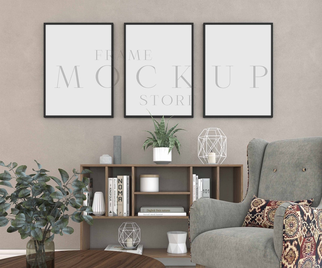 3 Frame Mockup, Black Frame Mockup, Portrait Frame Mockup, Living Room ...