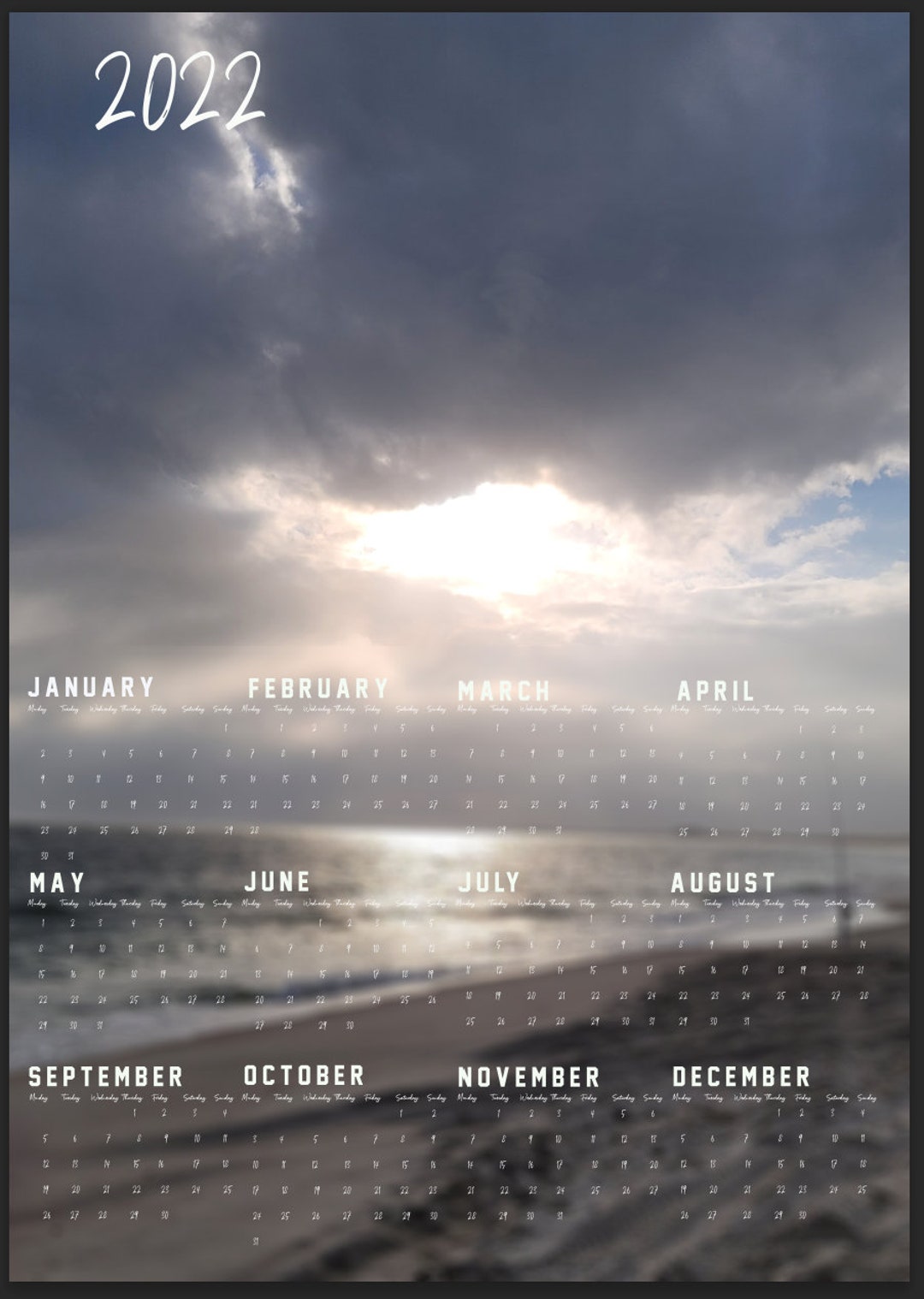 2022 Annual Calendar, One Page, Printable, Year-at-a-glance, Beach ...