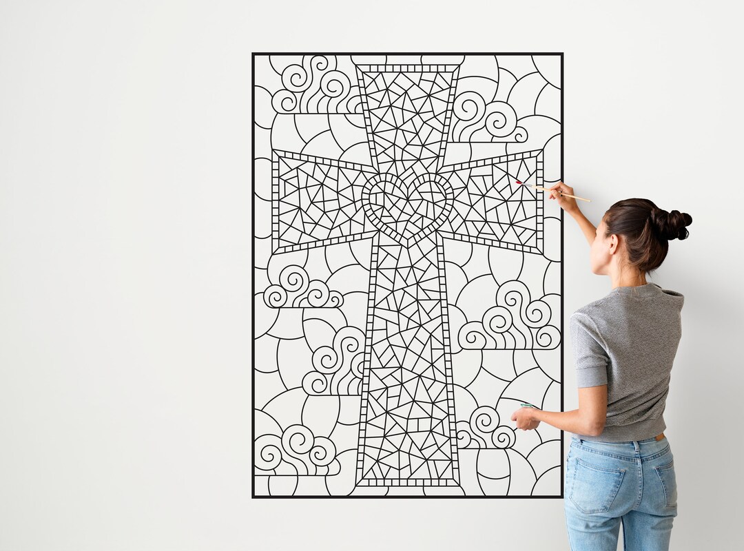 Cross Stained Glass Crucifix Coloring Peel & Stick Christmas Decor ...