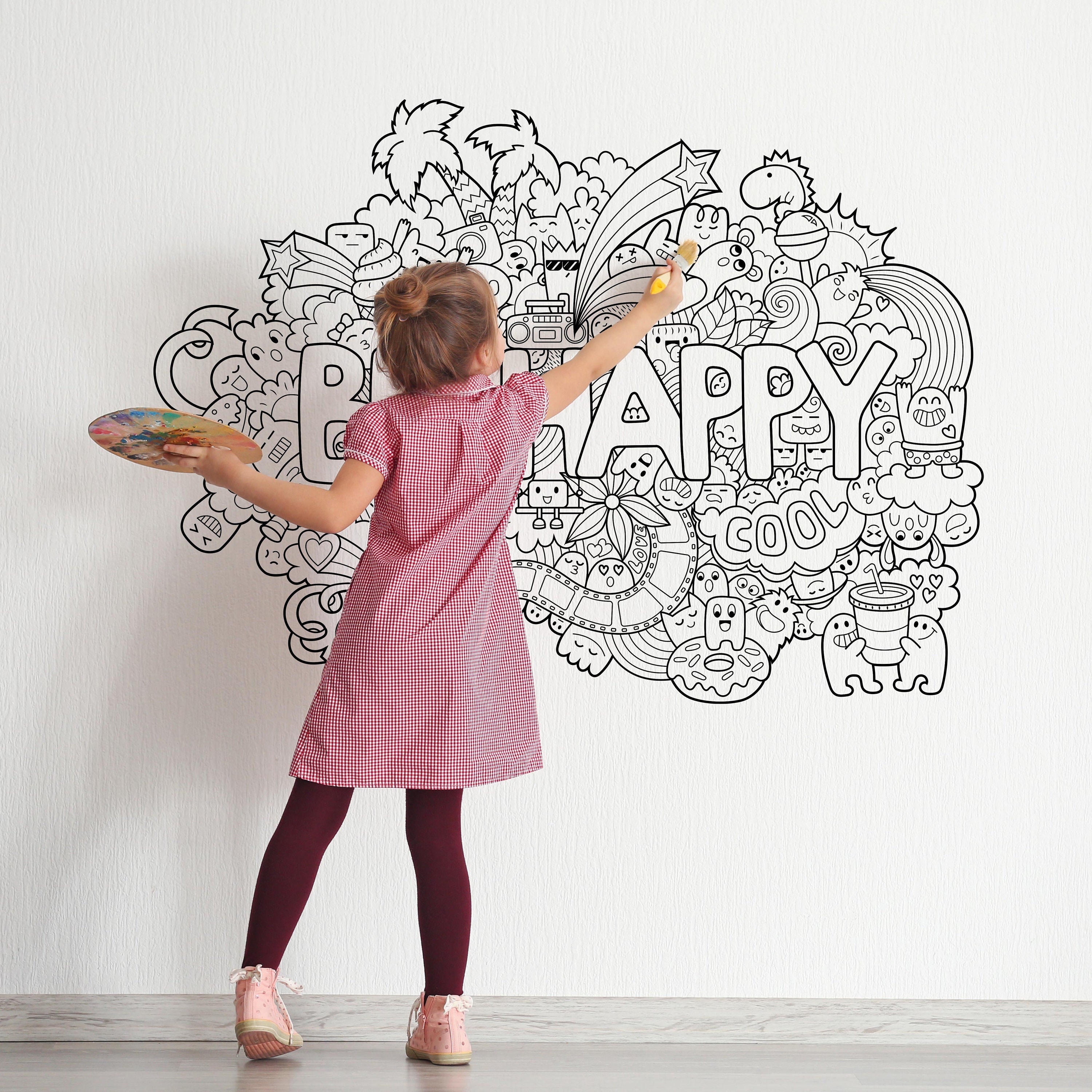 BE HAPPY Coloring Peel & Stick Black and White Self Adhesive Fabric ...