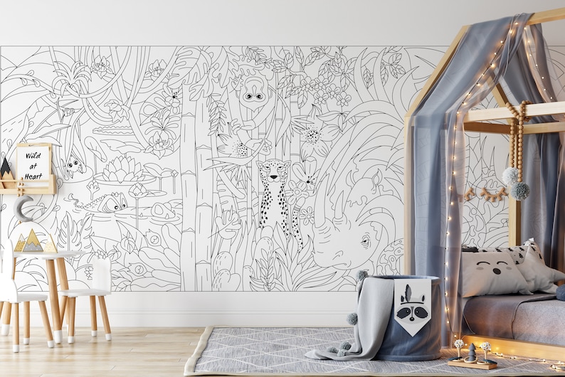 Coloring Mural Jungle Animals Wallpaper Poster Coloring Peel & Stick ...