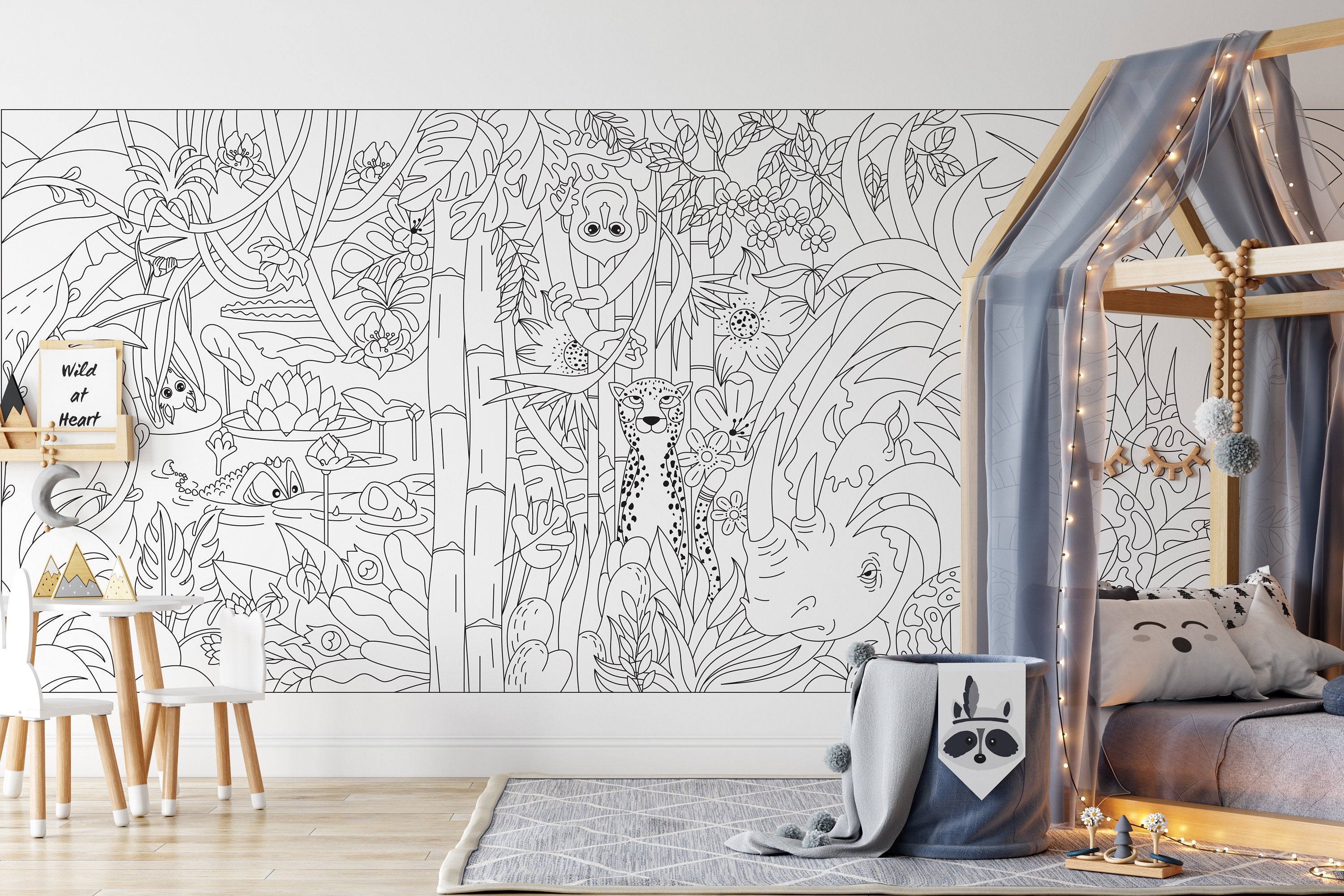 Color It Mural Jungle Animals Wallpaper Mural Coloring Peel & - Etsy