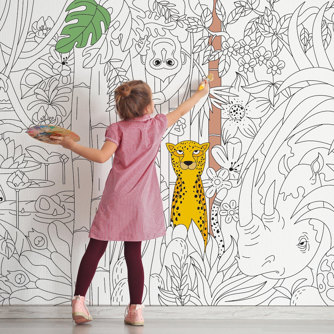 Coloring Mural Jungle Animals Wallpaper Poster Coloring Peel & Stick ...
