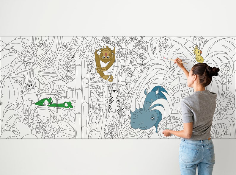Coloring Mural Jungle Animals Wallpaper Poster Coloring Peel & Stick ...