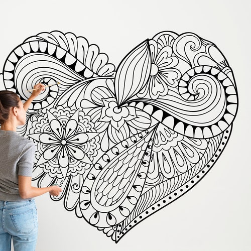 Flowers HEART Shape Coloring Peel & Stick Black and White Self - Etsy