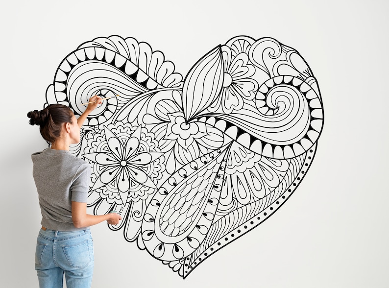 Flowers HEART Shape Coloring Peel & Stick POSTER | Black and White Self ...