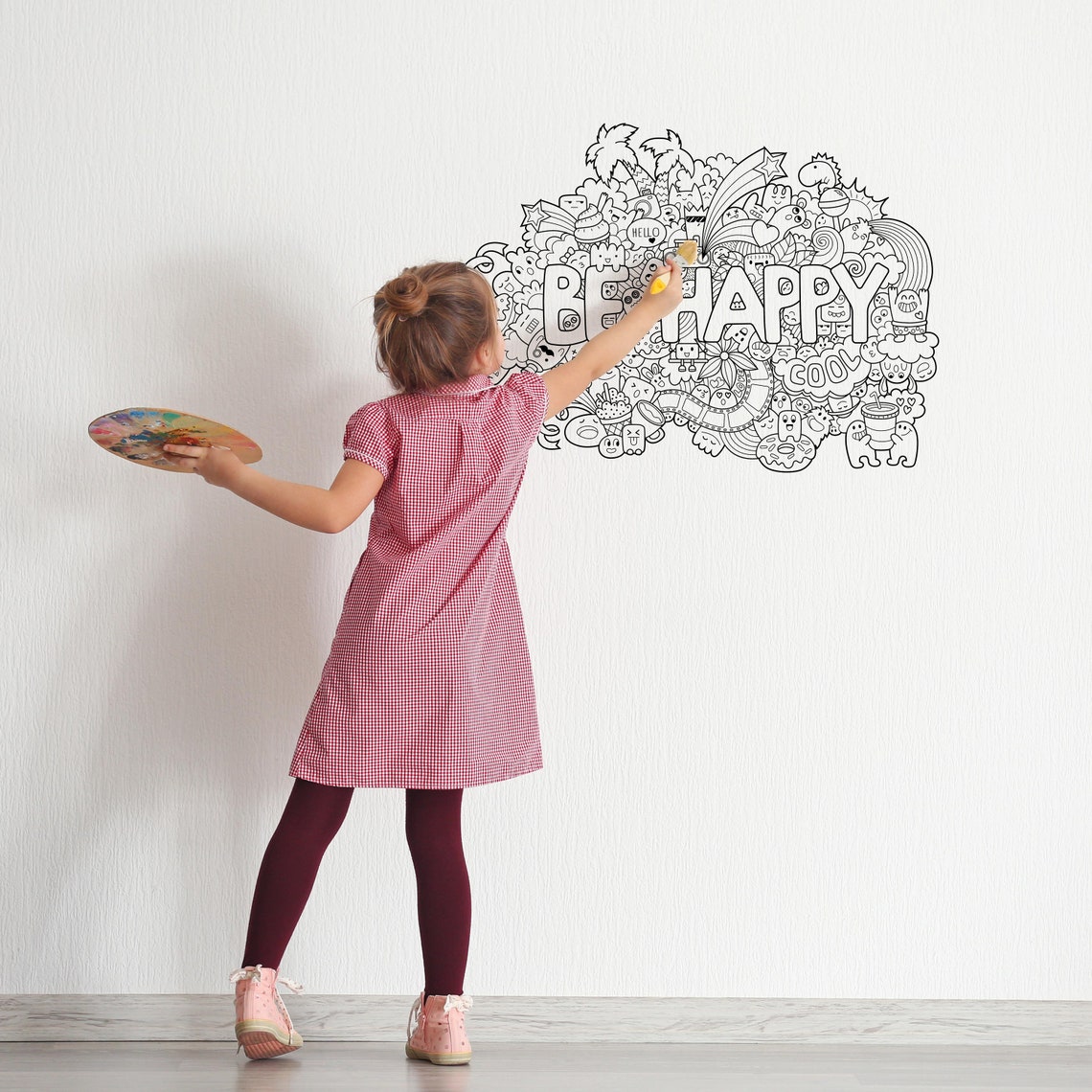 BE HAPPY Coloring Peel & Stick Black and White Self Adhesive Fabric ...