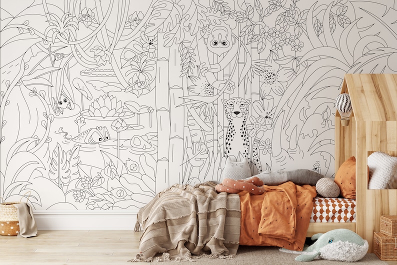 Coloring Mural Jungle Animals Wallpaper Poster Coloring Peel & Stick ...