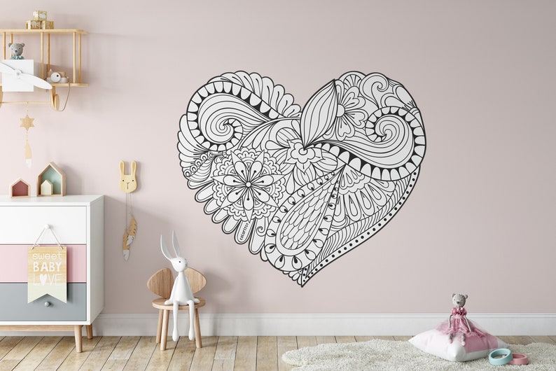 Flowers HEART Shape Coloring Peel & Stick POSTER | Black and White Self ...