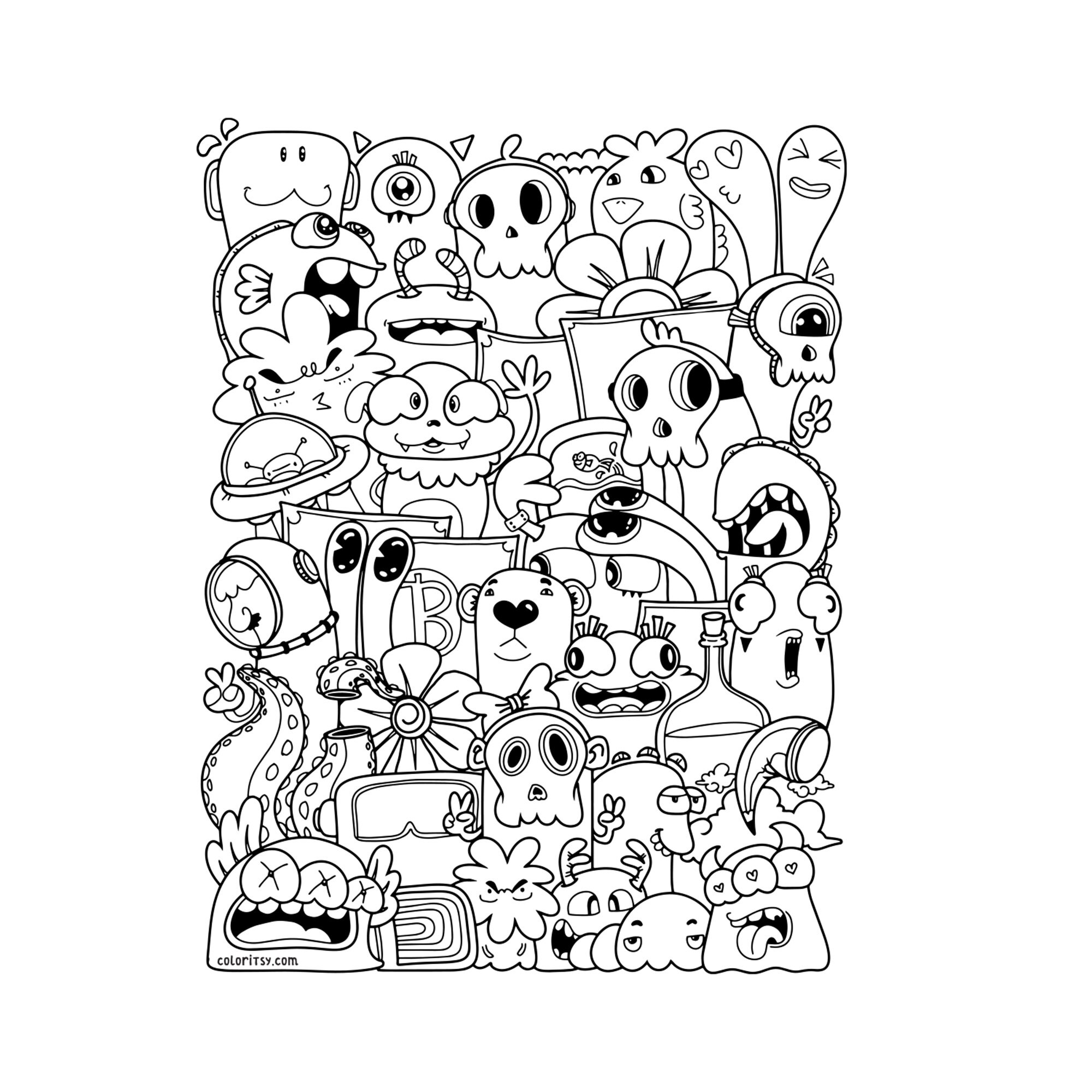 SAMPLES Coloritsy MONSTERS Coloring Peel & Stick Murals Black and White ...