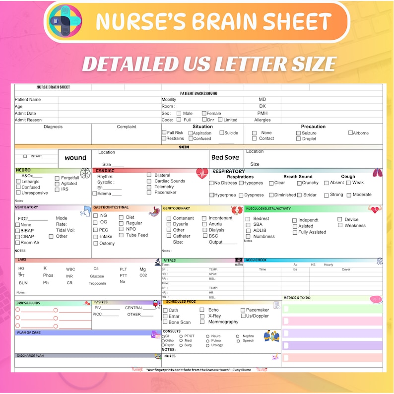 Nurse Brain Sheet, Med Surg Nursing Report Sheet, ICU Nurse Brain Sheet ...