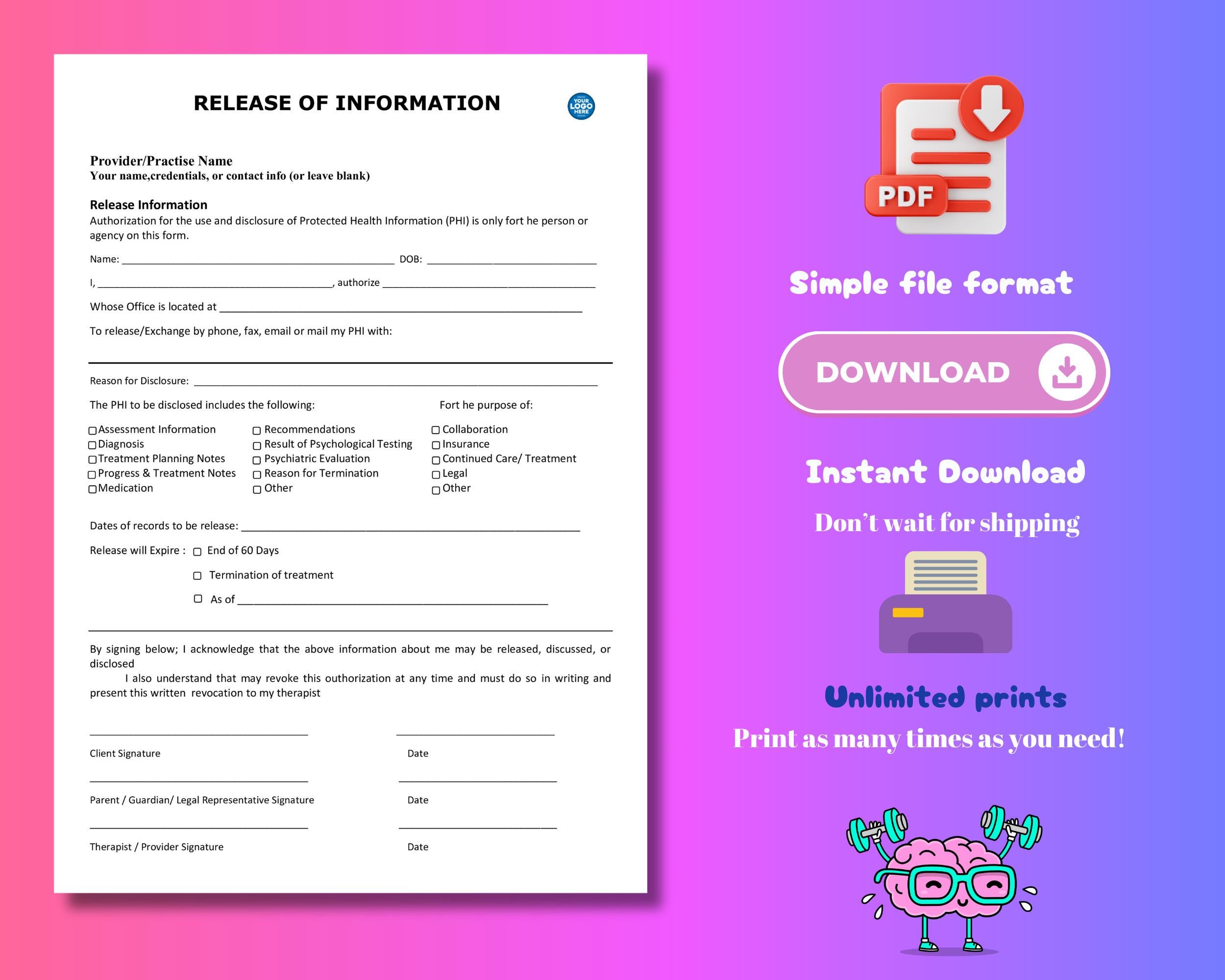 Editable Mental Health Forms for Therapist Office: Release of ...