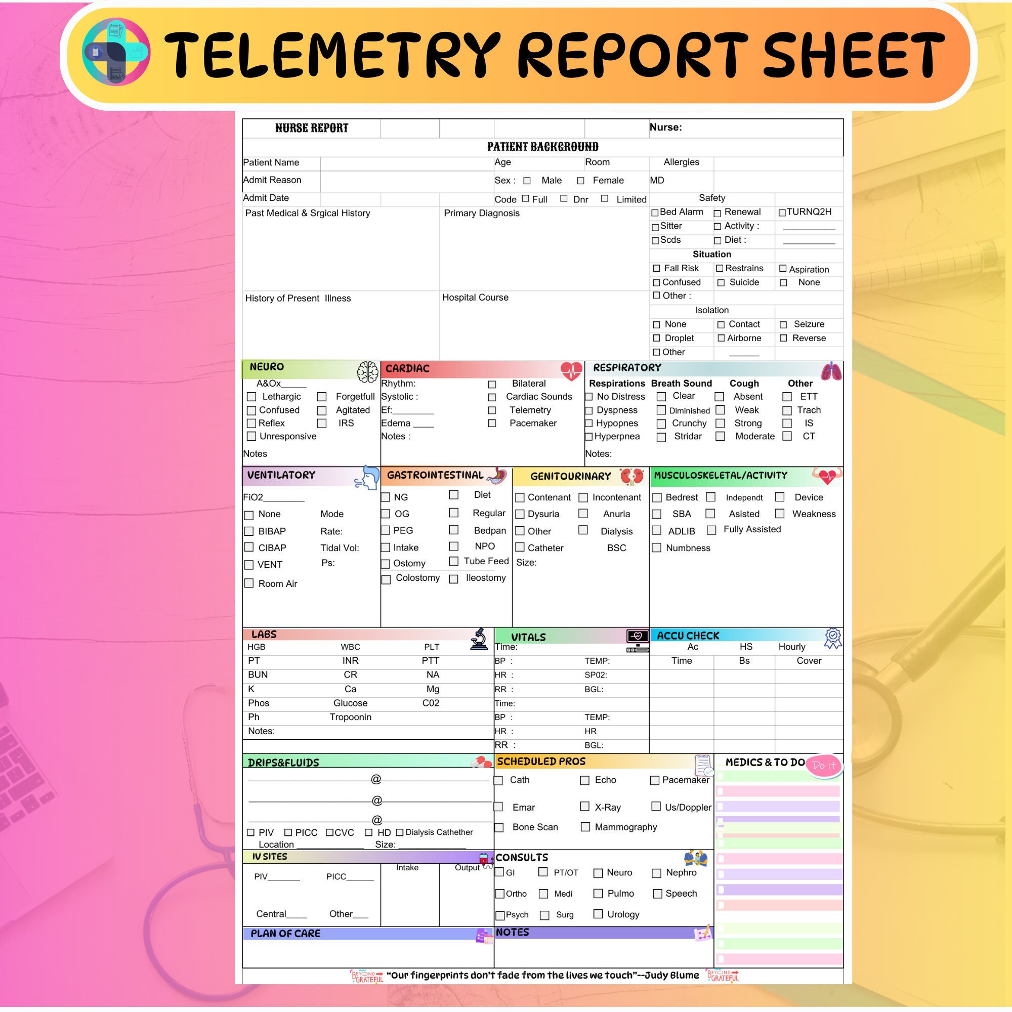 Medsurg Nurse Telemetry Report Sheet, Printable Nurse Shift Organizer ...