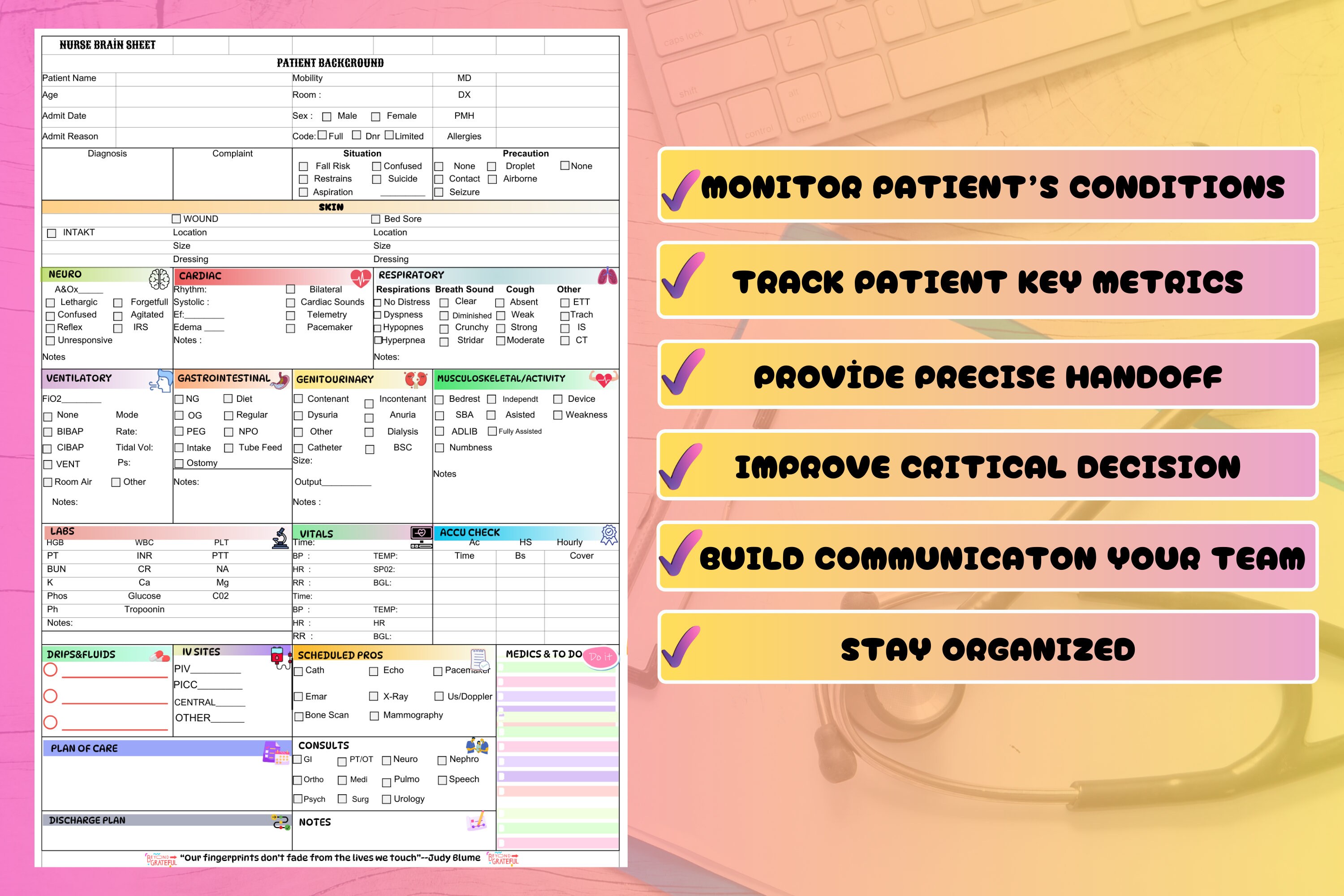 Nurse Brain Sheet, Med Surg Nursing Report Sheet, ICU Nurse Brain Sheet ...
