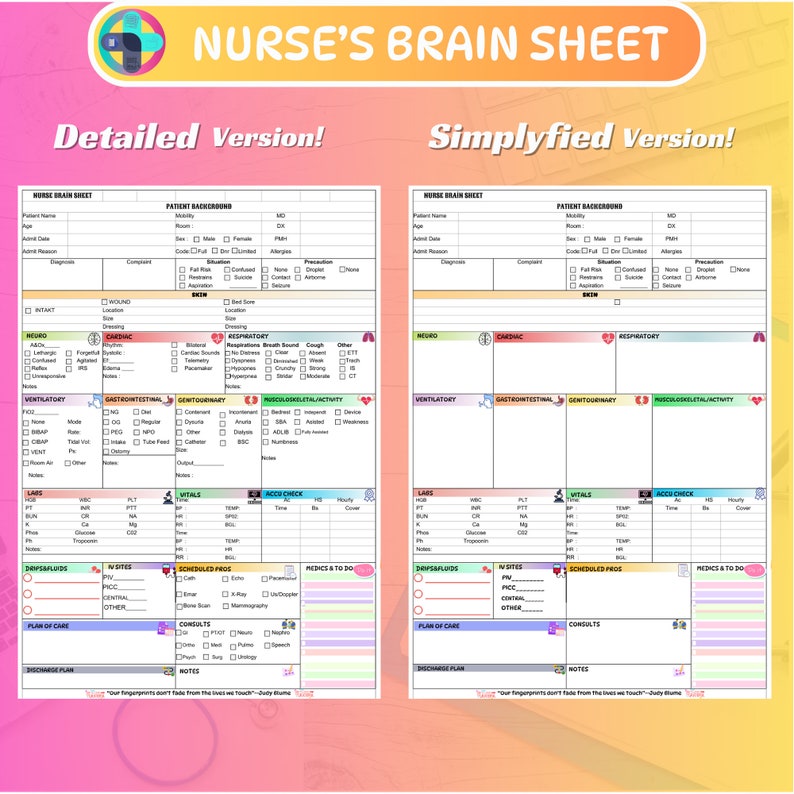 Nurse Brain Sheet, Med Surg Nursing Report Sheet, ICU Nurse Brain Sheet, Telemetry Nurse Handoff ...