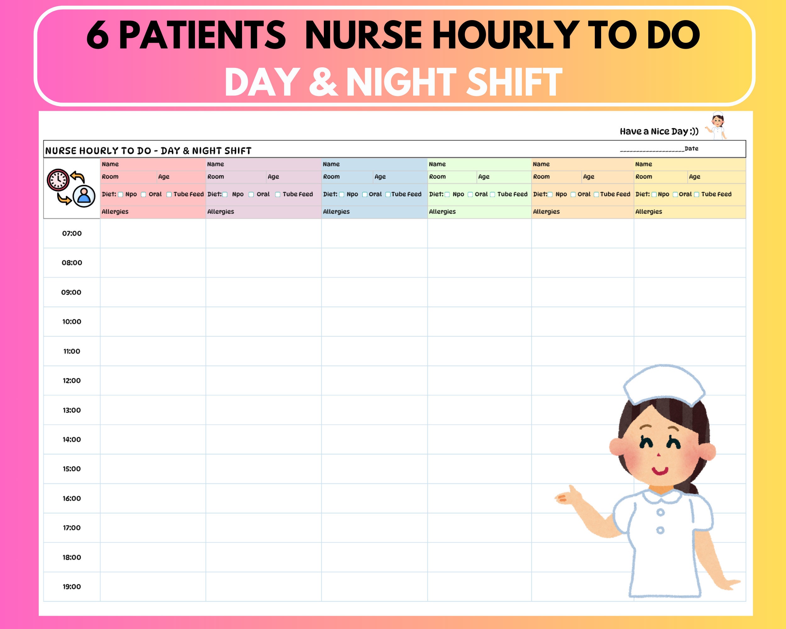 6 Patient Nursing | Nurse to Do List | Nurse Hourly to Do | 6 Patient ...