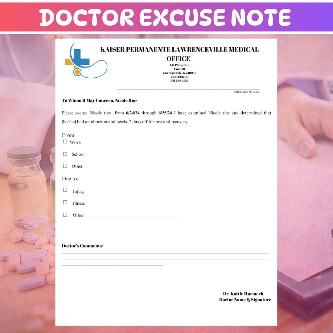 Doctor Excuse Letter Doctors Note for Work and School Doctor's Note ...