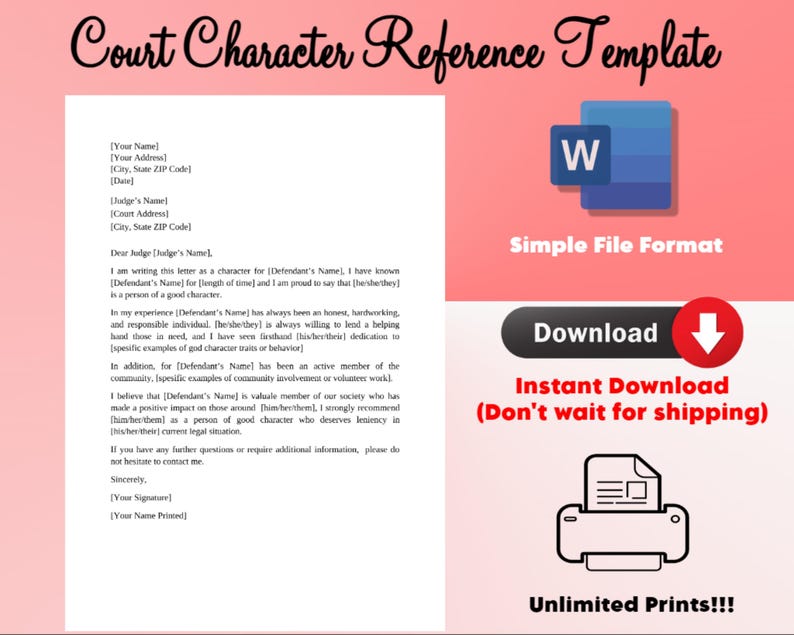Court Character Reference Letter Template for Judges - Legal Reference ...