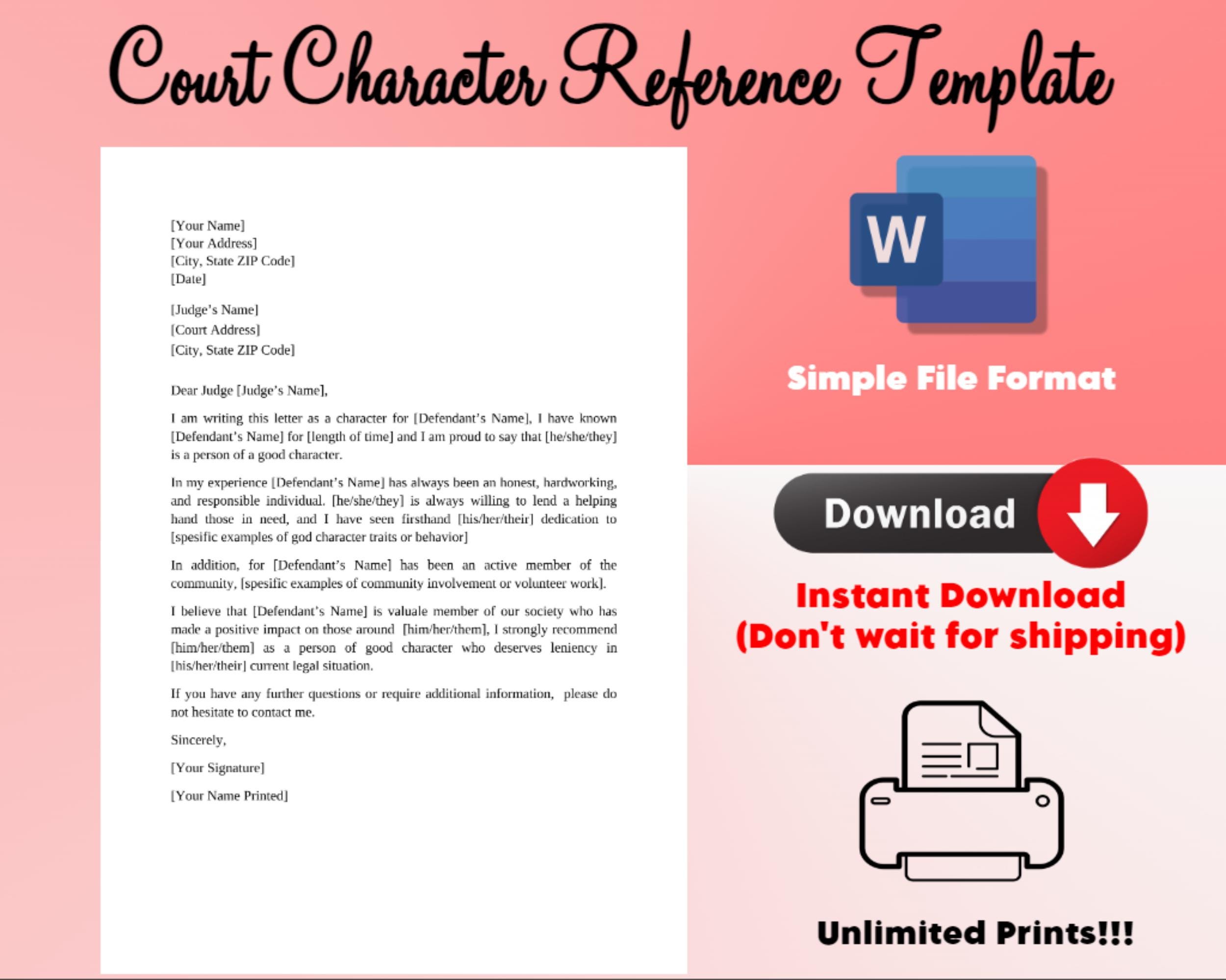 Court Character Reference Letter Template for Judges - Legal Reference ...