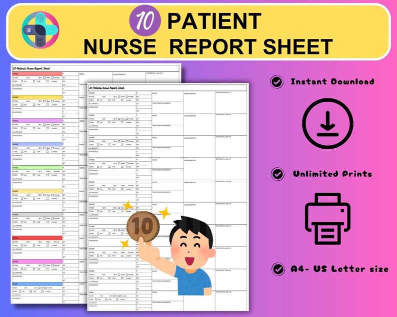 10 Patients Nurse Report Sheet - Nurse Shift Report - Nurse Assessment ...