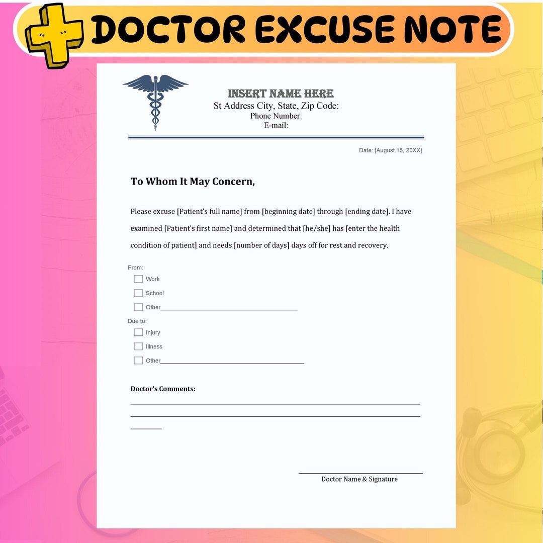 Fillable Doctor's Excuse Note Template (PDF) - Etsy