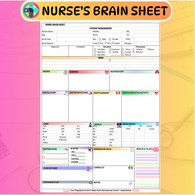Nurse Brain Sheet, Med Surg Nursing Report Sheet, ICU Nurse Brain Sheet ...