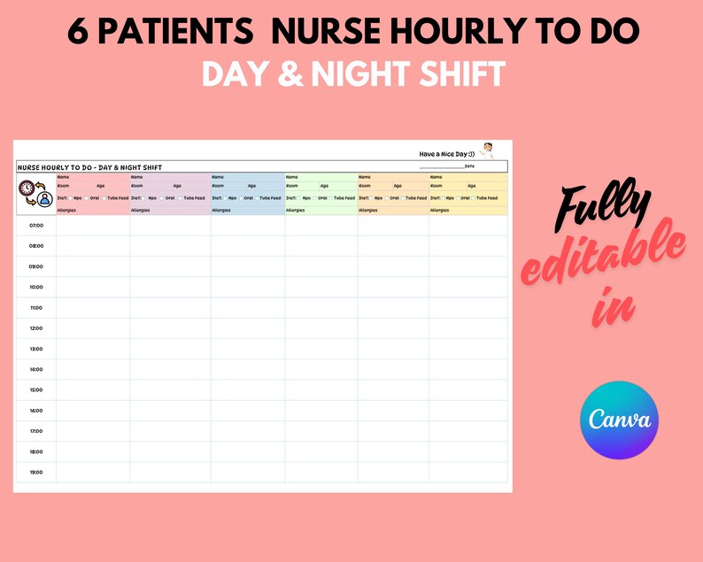 6 Patient Nursing | Nurse to Do List | Nurse Hourly to Do | 6 Patient ...