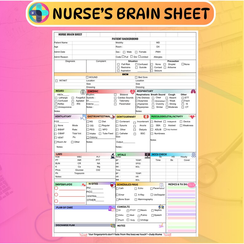 Nurse Brain Sheet, Med Surg Nursing Report Sheet, ICU Nurse Brain Sheet ...
