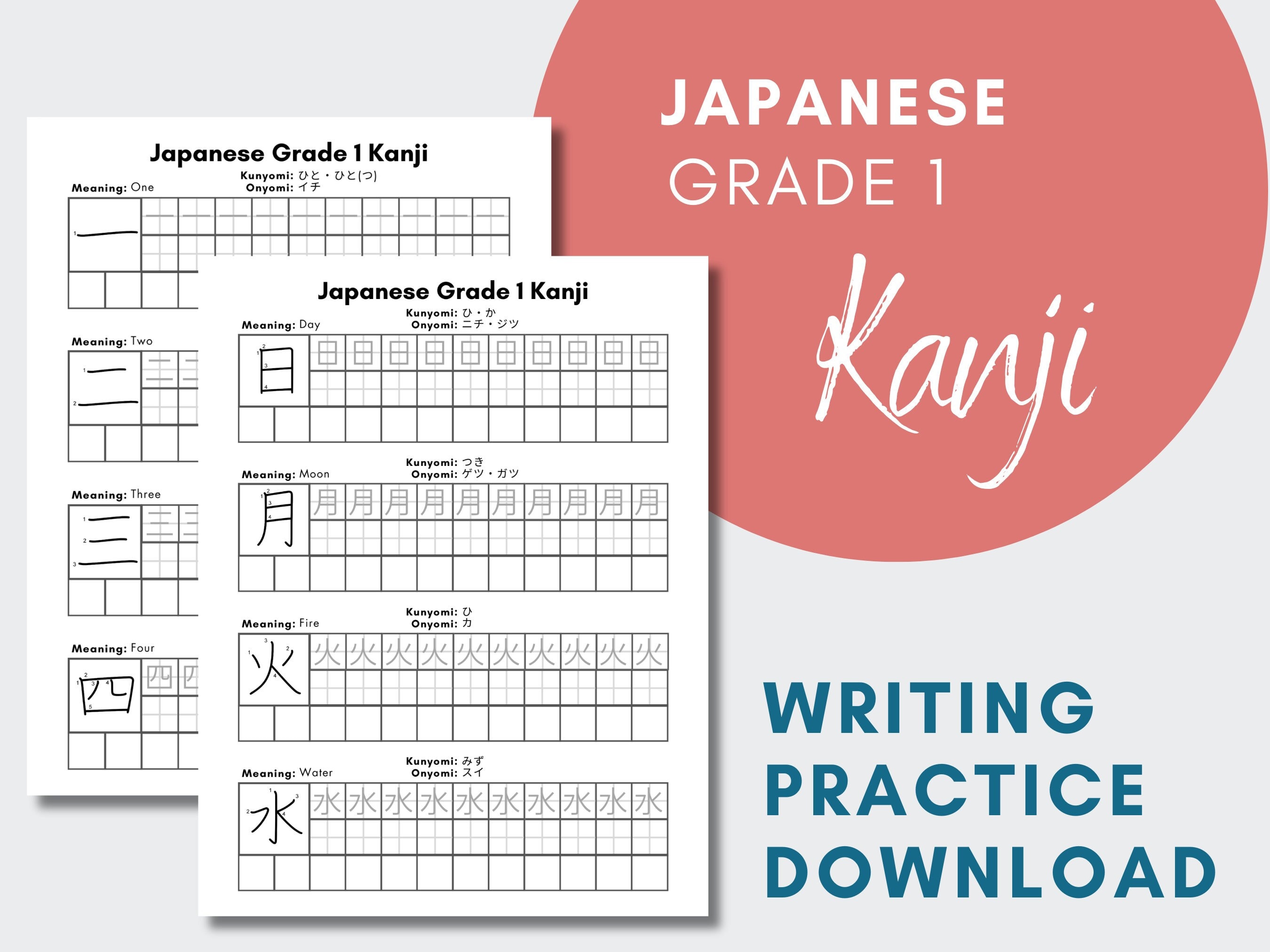 Japanese Kanji Character Writing Grade 1 Printable Practice Pages With ...