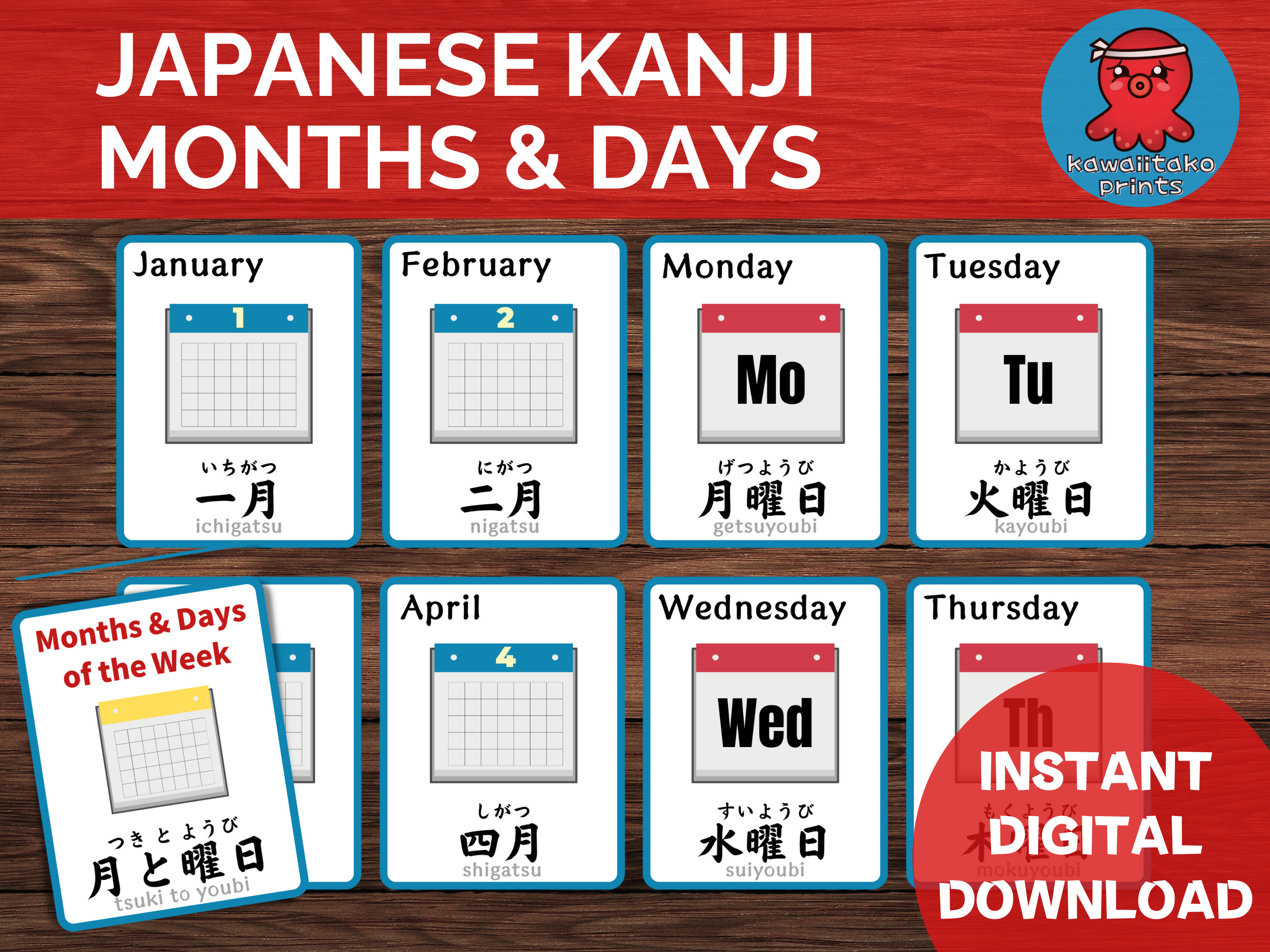 Japanese Kanji Months & Days of the Week Flashcards Learn | Etsy