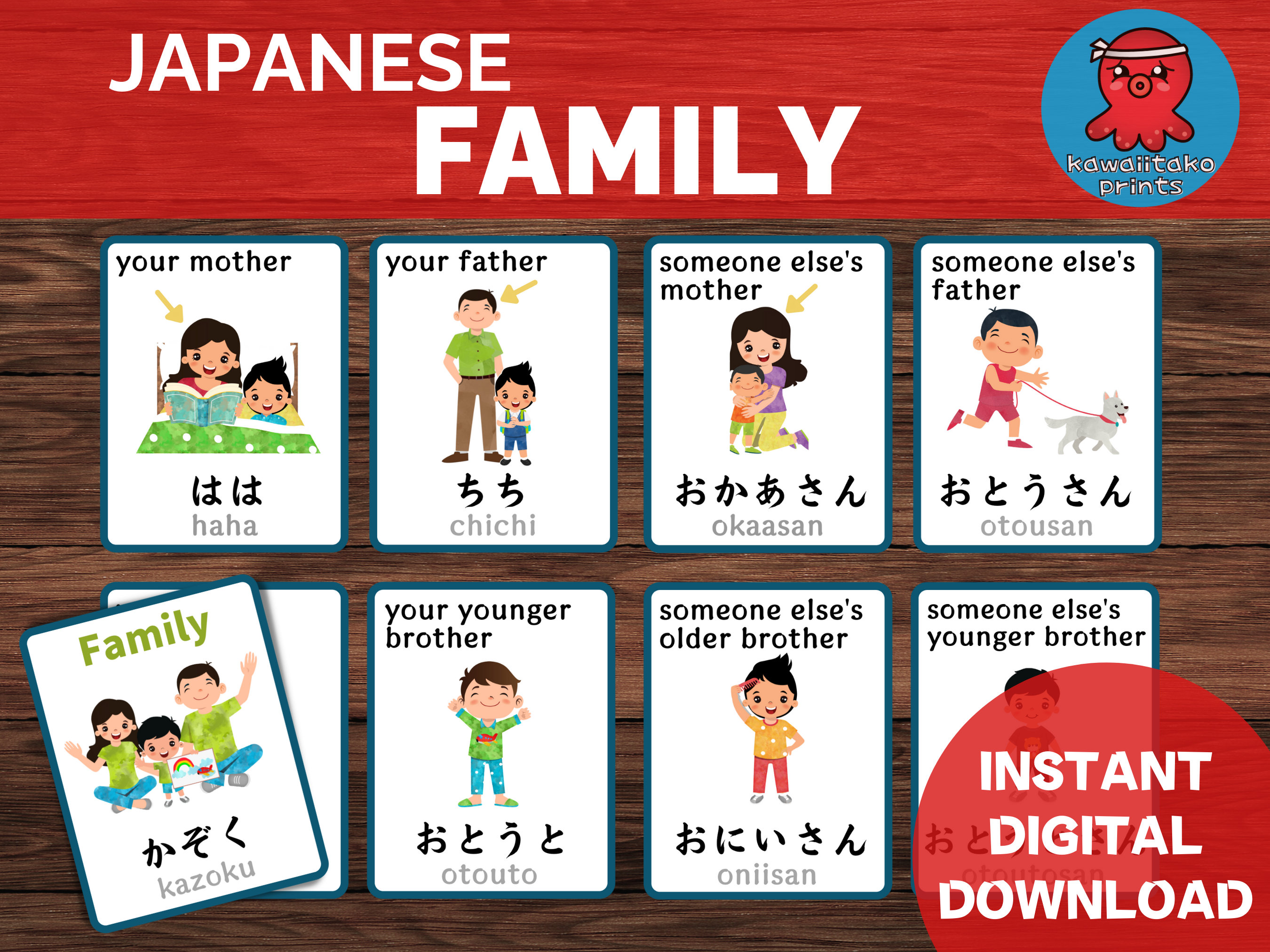 Japanese Family Flashcards, Learn Japanese, Japan Vocabulary, Printable ...
