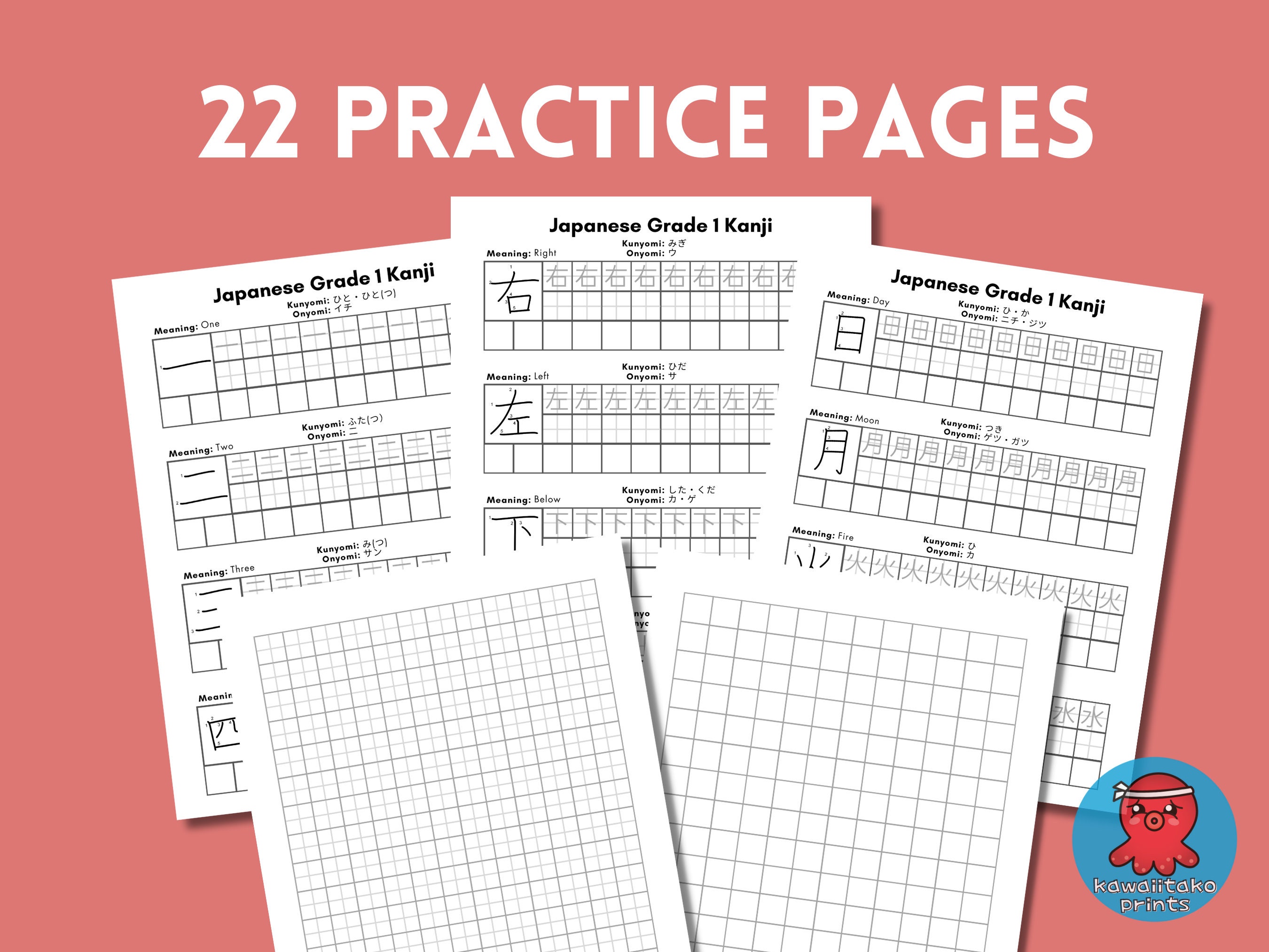 Japanese Kanji Character Writing Grade 1 Printable Practice Pages With ...