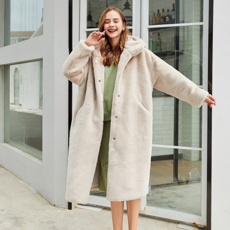 Winter Women Faux Rabbit Fur Coat Luxury Long Fur Coat Hooded Overcoat ...