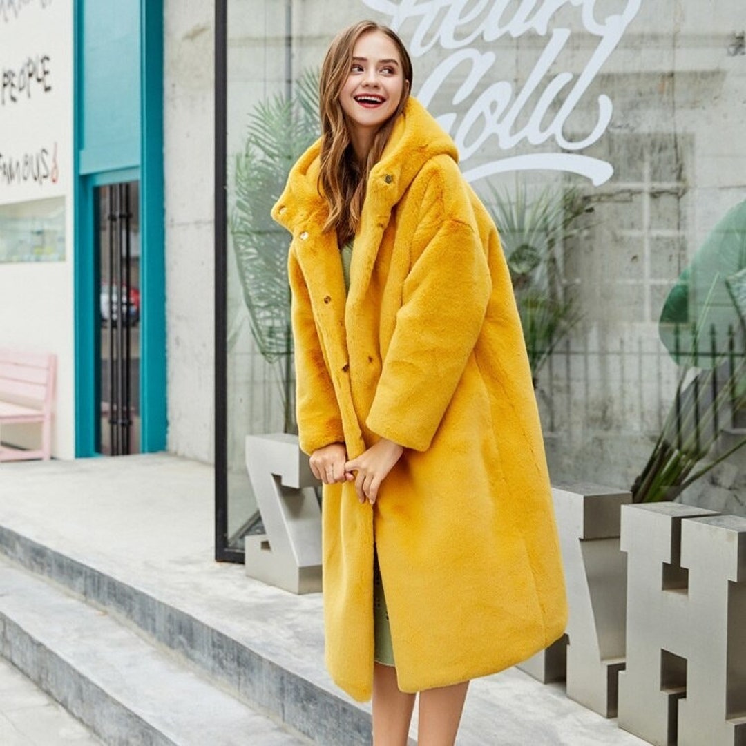 Winter Women Faux Rabbit Fur Coat Luxury Long Fur Coat Hooded Overcoat ...