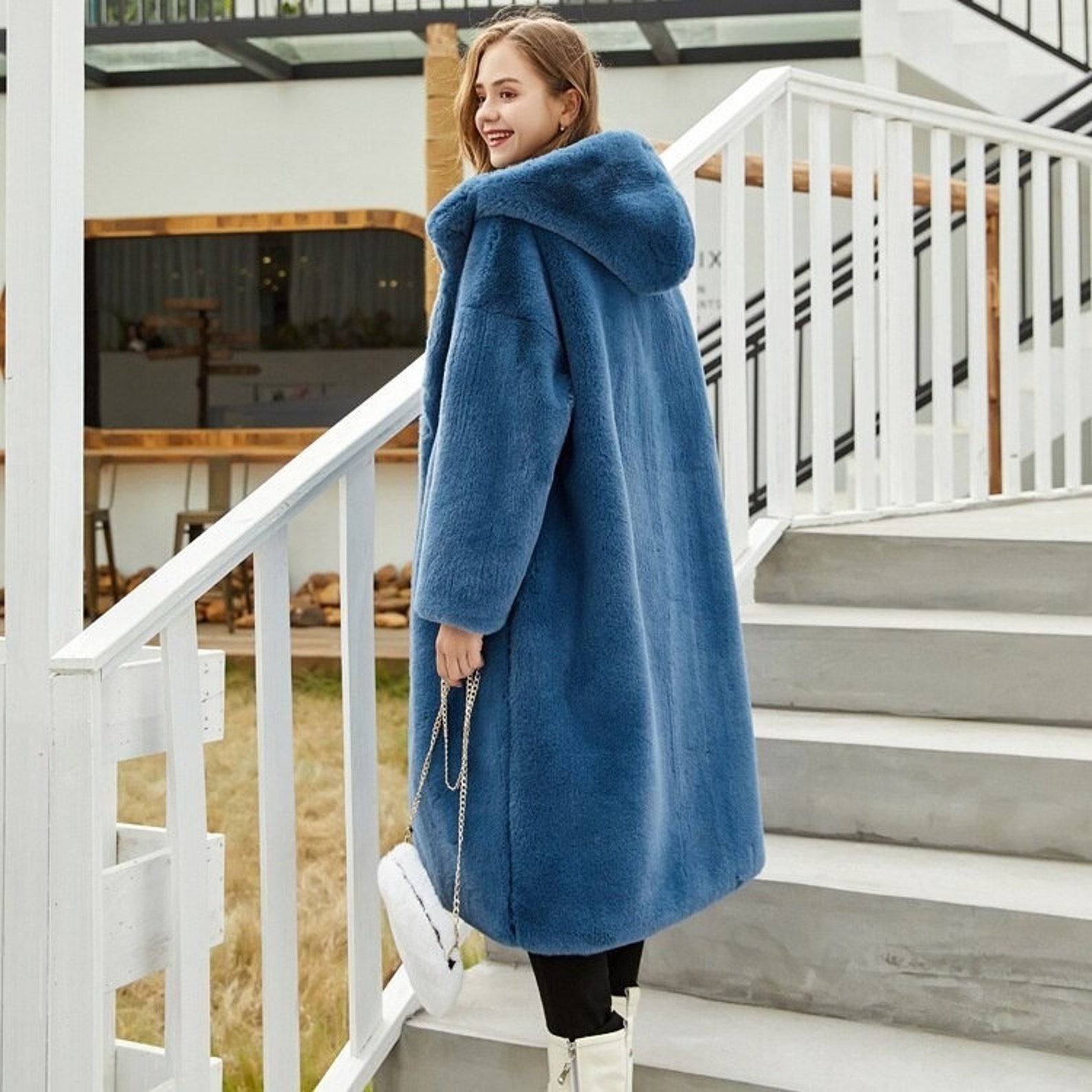 Winter Women Faux Rabbit Fur Coat Luxury Long Fur Coat Hooded Overcoat ...