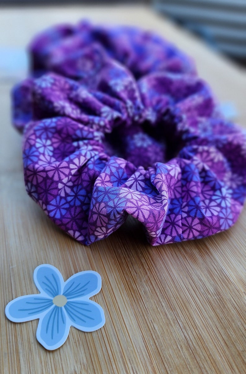 Purple Floral Hair Scrunchies, 2 Sizes, Handmade, Cotton, Hair Tie ...