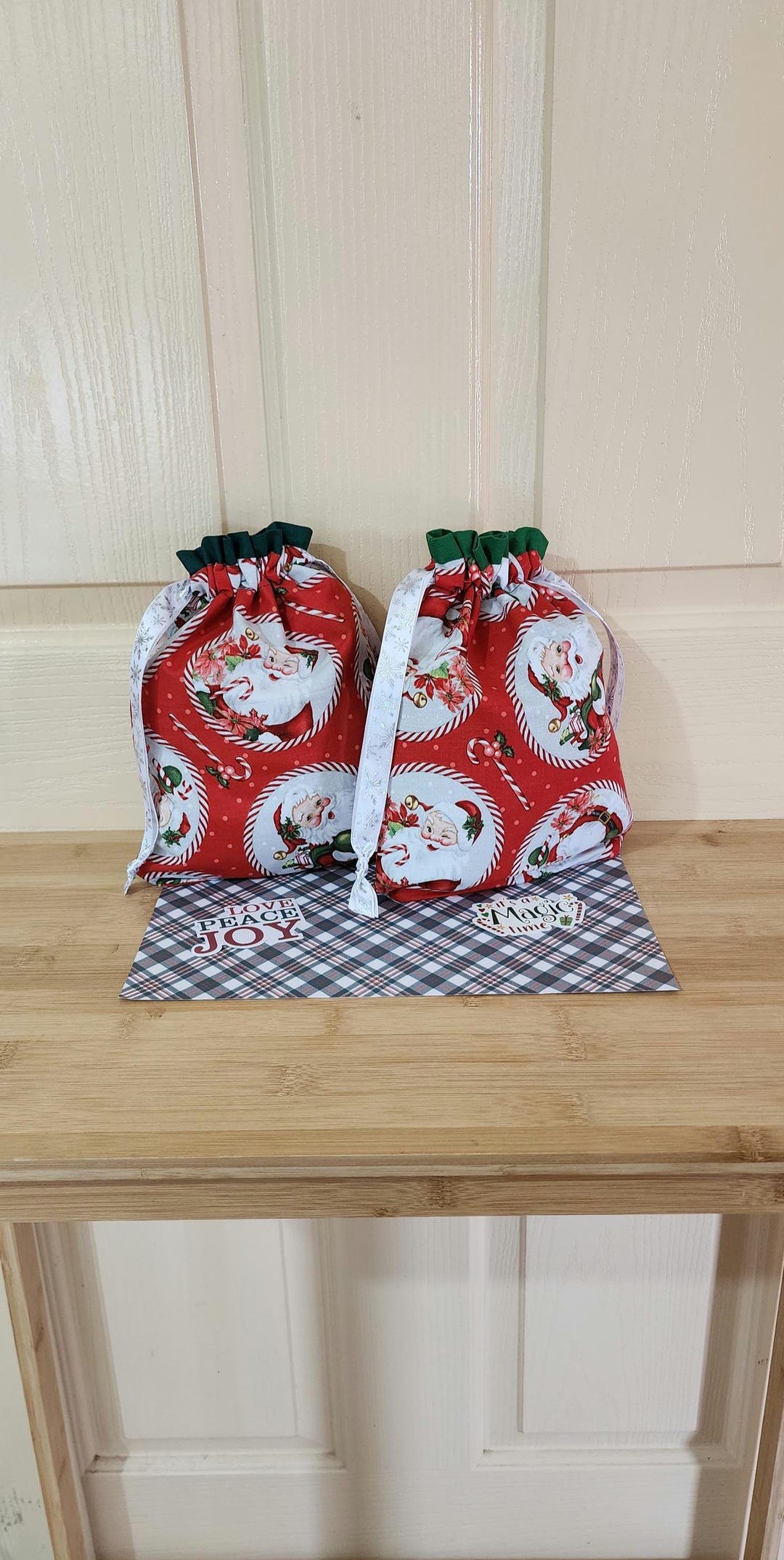 Christmas Drawstring Bag in Santa Claus & Candy Canes, Medium Size ...