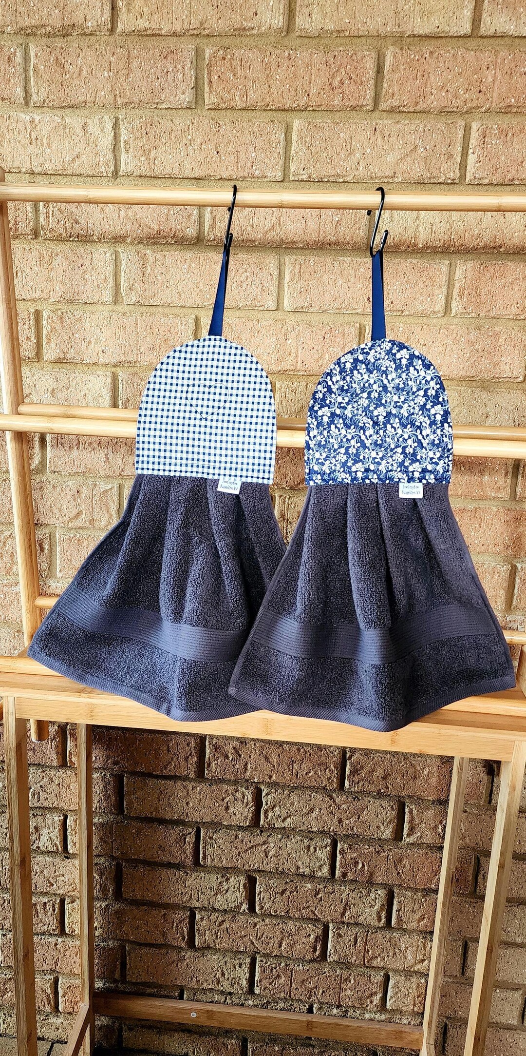 Grey Hand Towel With Hanging Loop, Reversible Blue Floral, Polka Dot ...