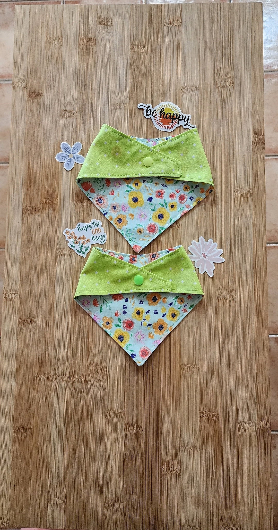 Reversible Cat Bandana With Snap on Button - Spring Flowers and Stars ...