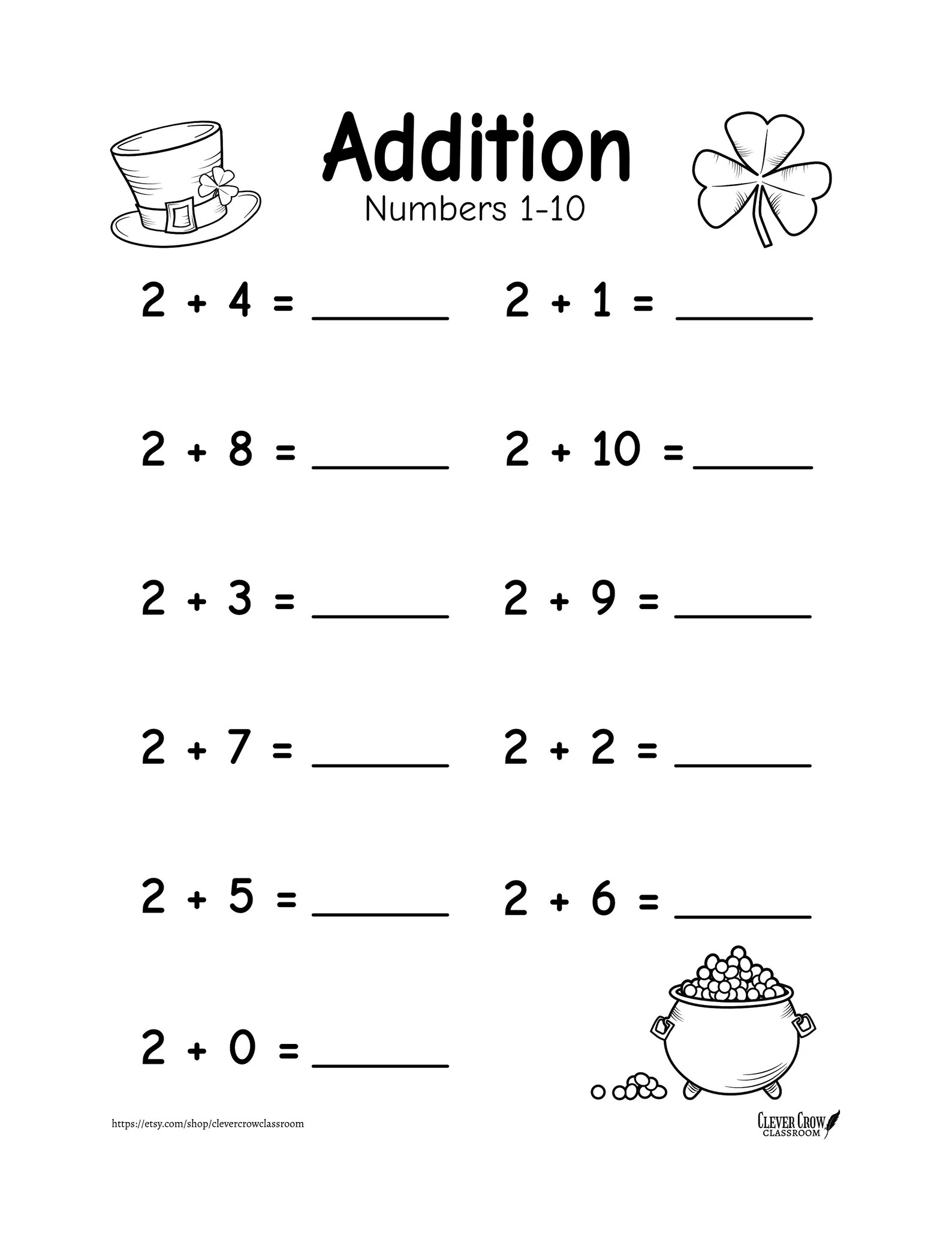 St Patricks Day, Addition and Subtraction Printable Worksheets, Numbers ...
