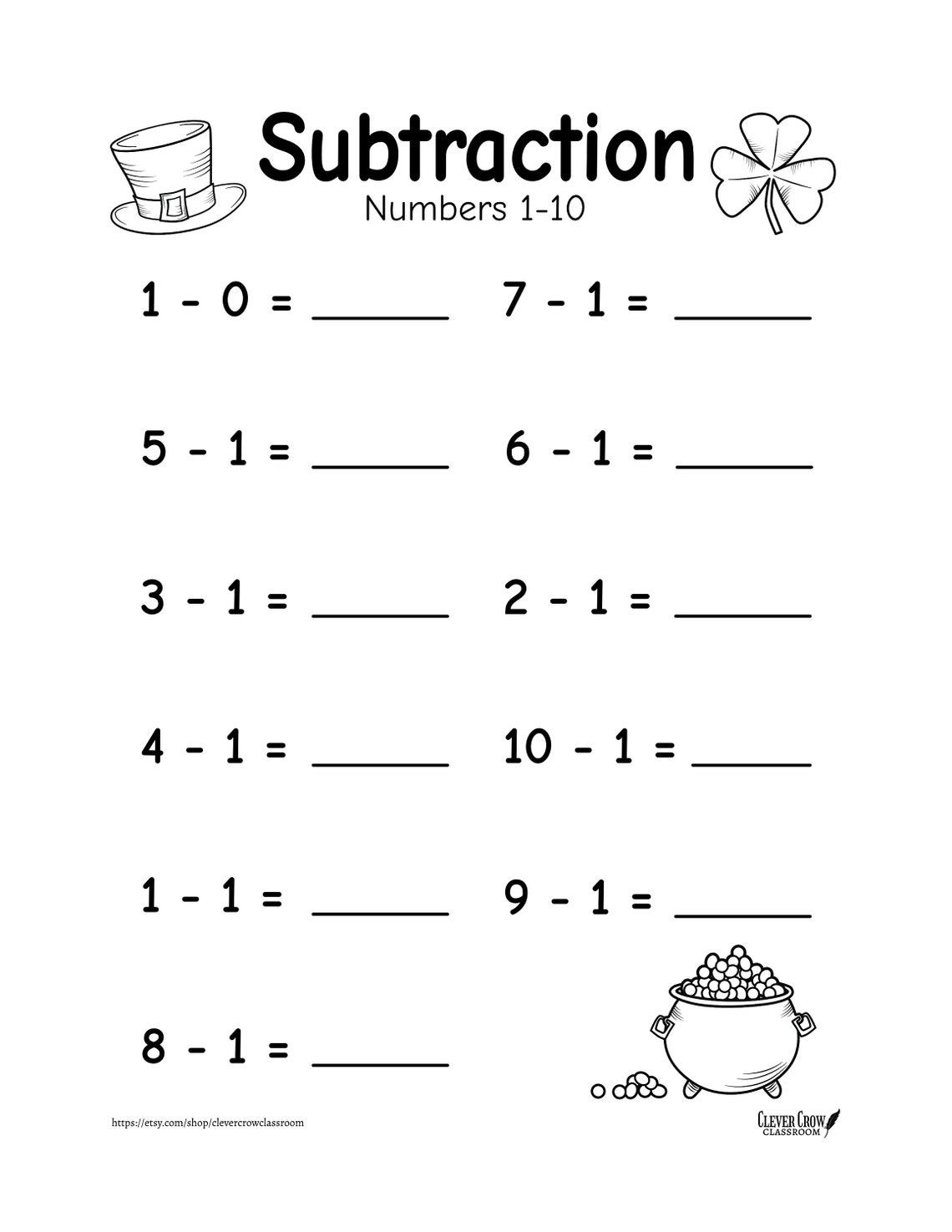 St Patricks Day, Addition and Subtraction Printable Worksheets, Numbers ...
