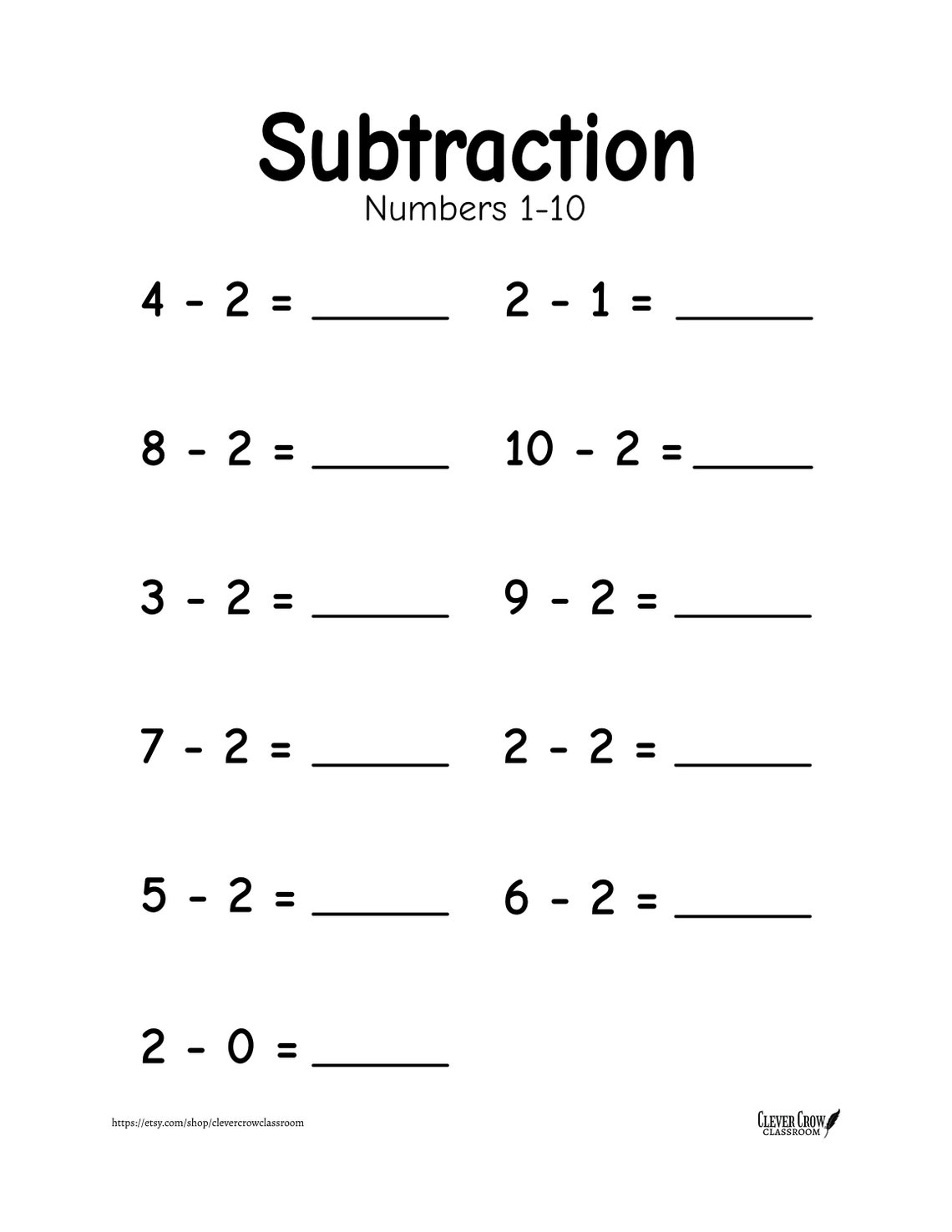 Subtraction Worksheets Numbers 1-10 20 Printable Worksheets - Etsy Canada