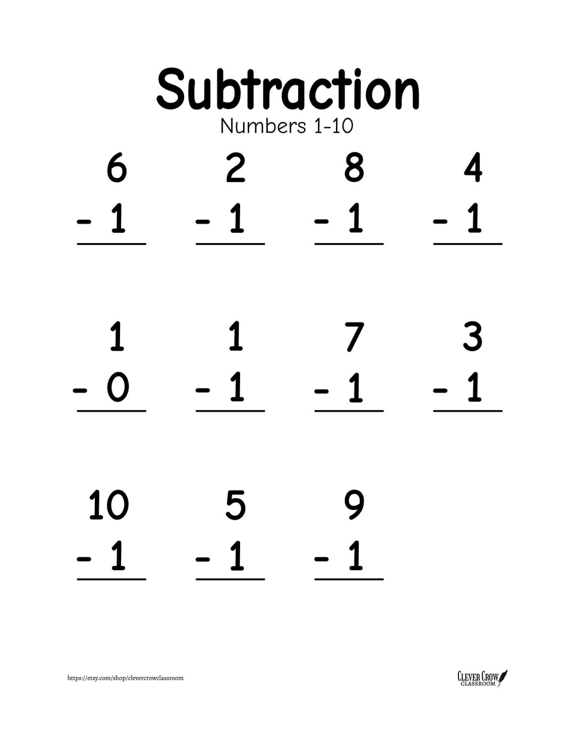 Subtraction Worksheets: Numbers 1-10, Vertical & Horizontal (digital ...