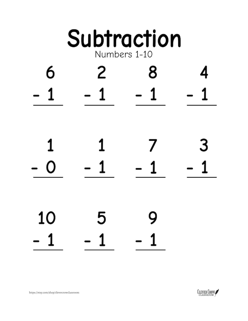 Subtraction Worksheets: Numbers 1-10, Vertical & Horizontal (digital ...