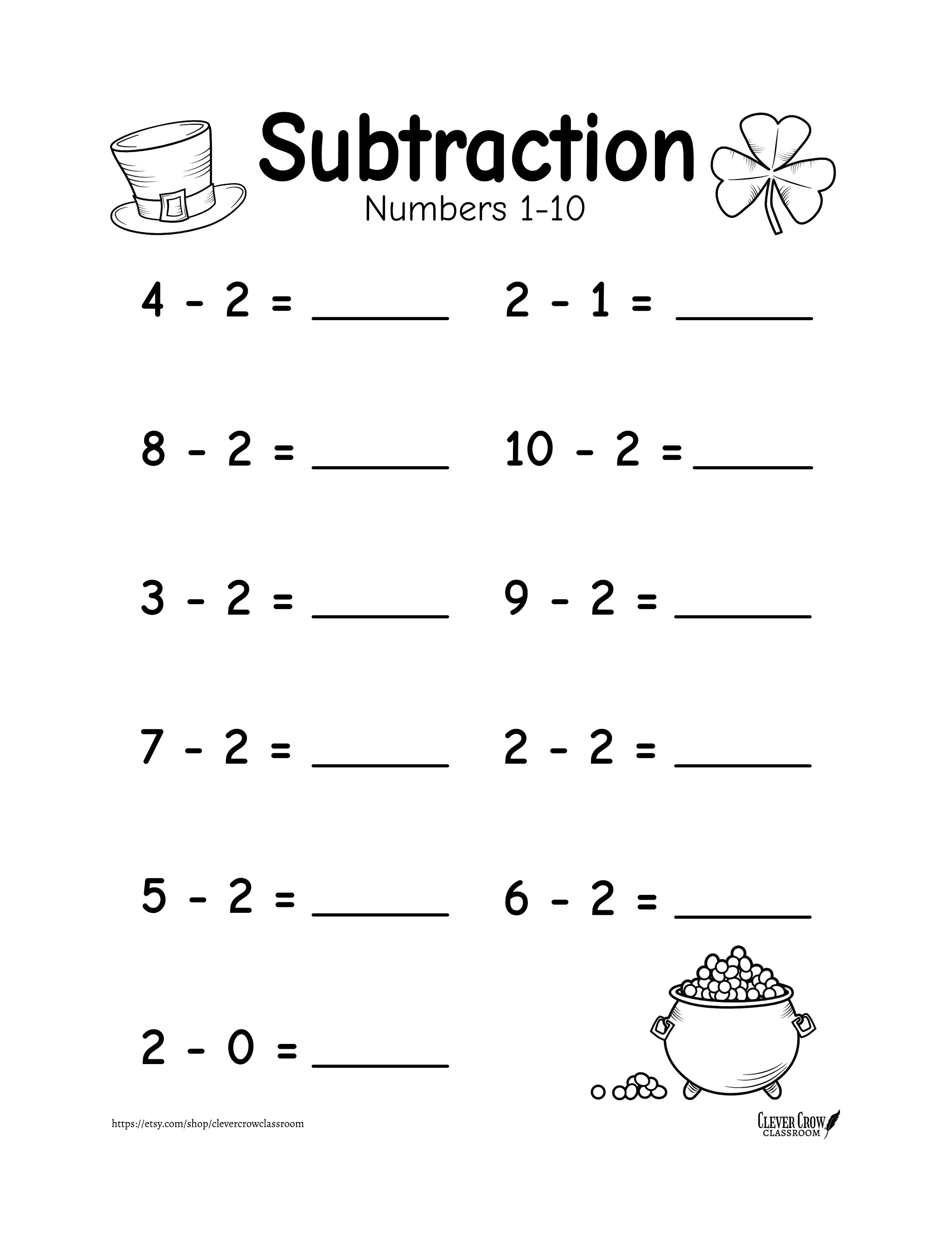St Patricks Day, Addition and Subtraction Printable Worksheets, Numbers ...