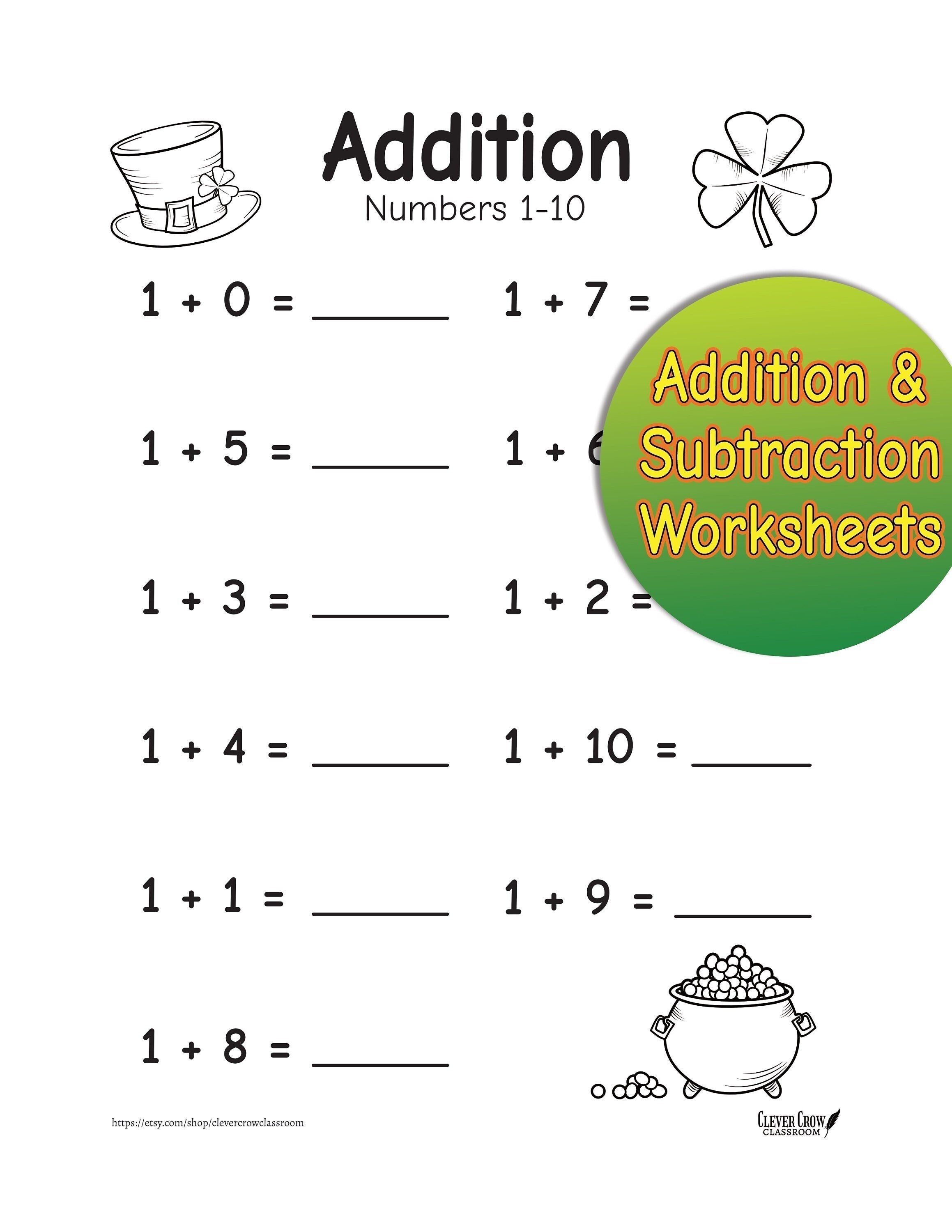 St Patricks Day, Addition and Subtraction Printable Worksheets, Numbers ...