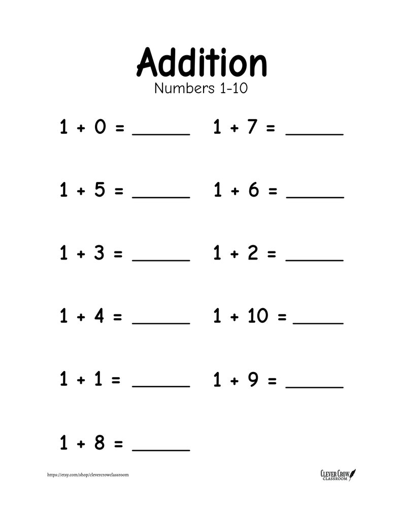 Addition Worksheets, Numbers 1-10, 20 Printable Worksheets, Vertical ...