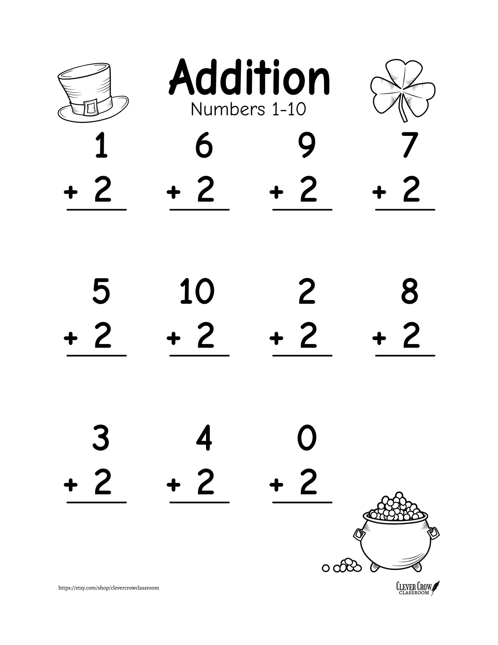 St Patricks Day, Addition and Subtraction Printable Worksheets, Numbers ...